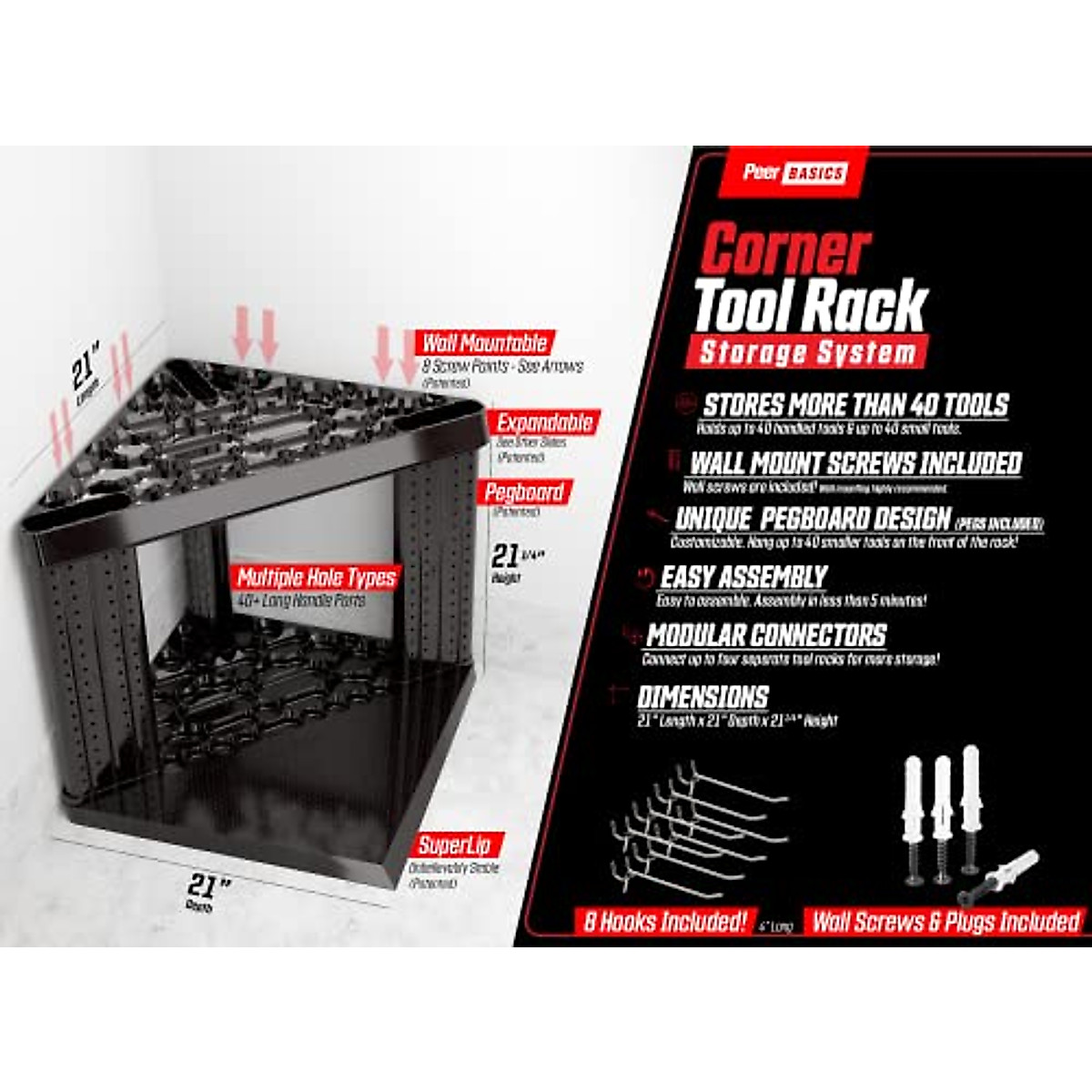 PeerBasics Corner Tool Rack, Garage Storage Organization, Up to 40 Tools like Shovels Brooms Rakes Mops Hammers Pruners, Organize Garden Yard Plus Pegboard, Wall Mounting, Peg Hooks Hardware Included