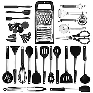 kithcen Utensils set 35 Cooking Utensils set Silicone and Stainless Steel Utensils Set Kitchen Tool Set,Baking Set Kitchen Set Kitchen Gadgets Kitchen Tools Kitchen Accessories Black (M, black)