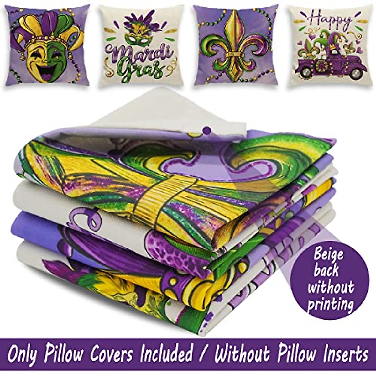 JOJOGOGO Mardi Gras Decorations Outdoor Throw Pillow Covers 18x18 Waterproof Set of 4 Happy Mardi Gras Fat Tuesday Decor Carnival Theme Masquerade Party Decorations for Front Porch and Patio Furniture