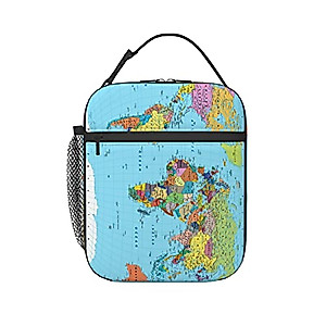 Hcokrzt Lunch Box Reusable Insulation Lunch Bag World Map Ice Packs Containers Tote Handbag For Women Men Teens Girls