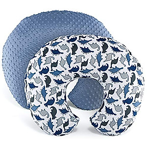 The Peanutshell Nursing Pillow Cover Set for Baby Boys or Girls | Dinosaur & Navy Blue Minky Dot | Unisex 2 Pack