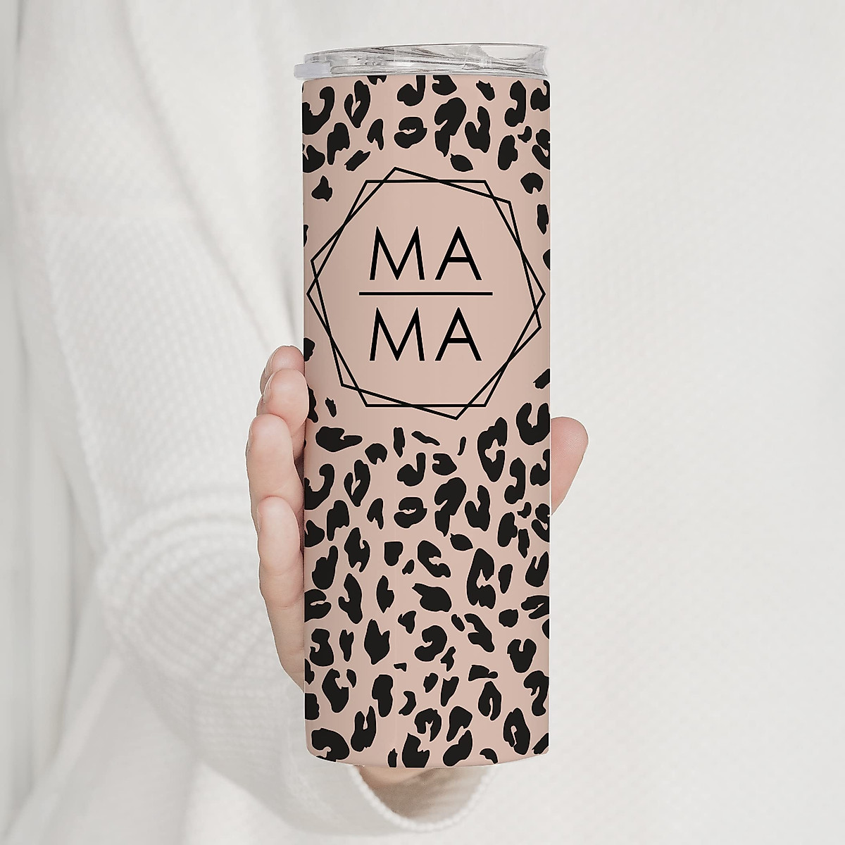 YouNique Designs Leopard Mama Coffee Tumbler with Straw and Lid, 20 Oz, Insulated Stainless Steel Skinny Tumbler for Women, Cheetah Print Mom Tea Tumbler, Mom Life Water Tumbler Cup