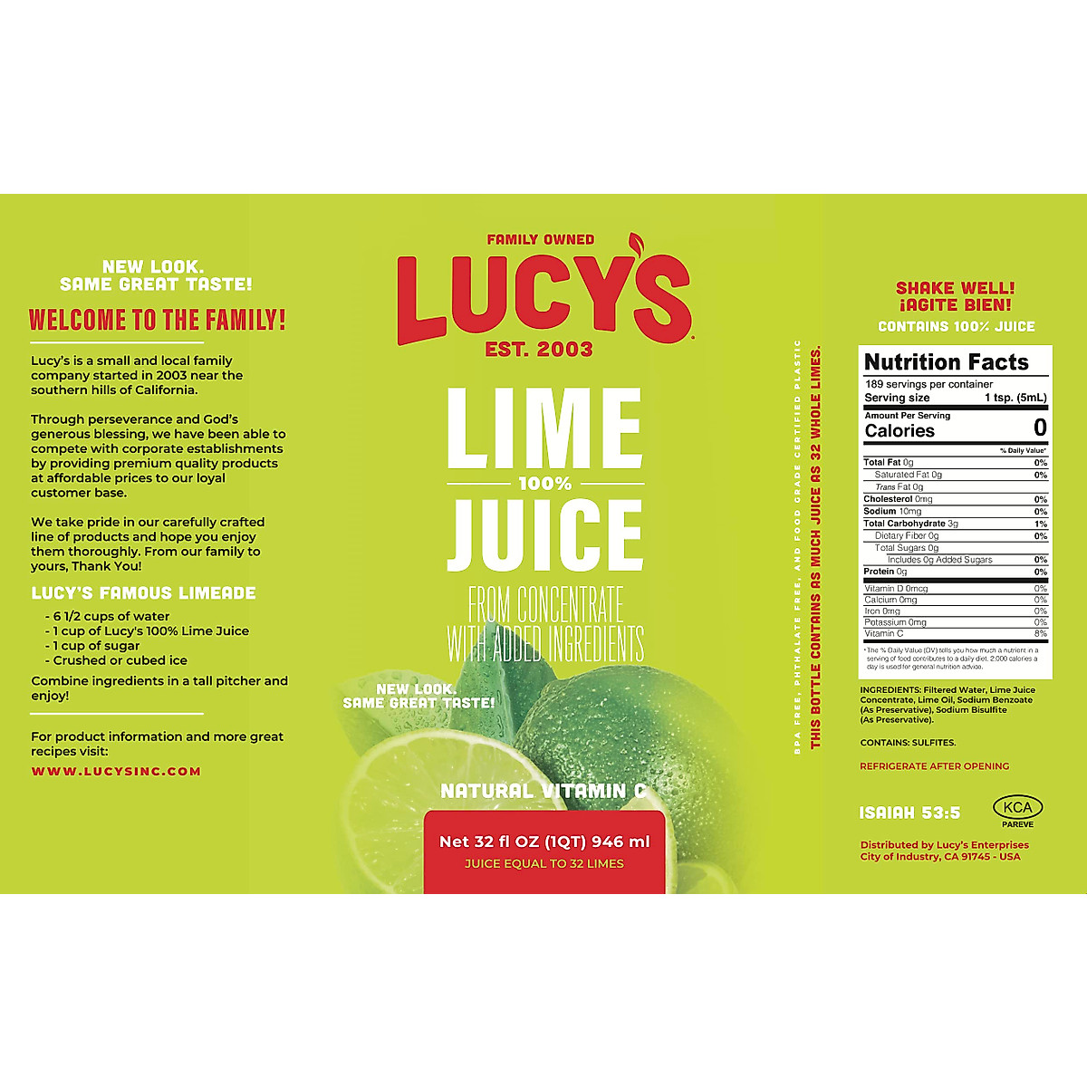 Lucy’s Family Owned - 100% Lime Juice, 32 oz. Bottle (Pack of 2)
