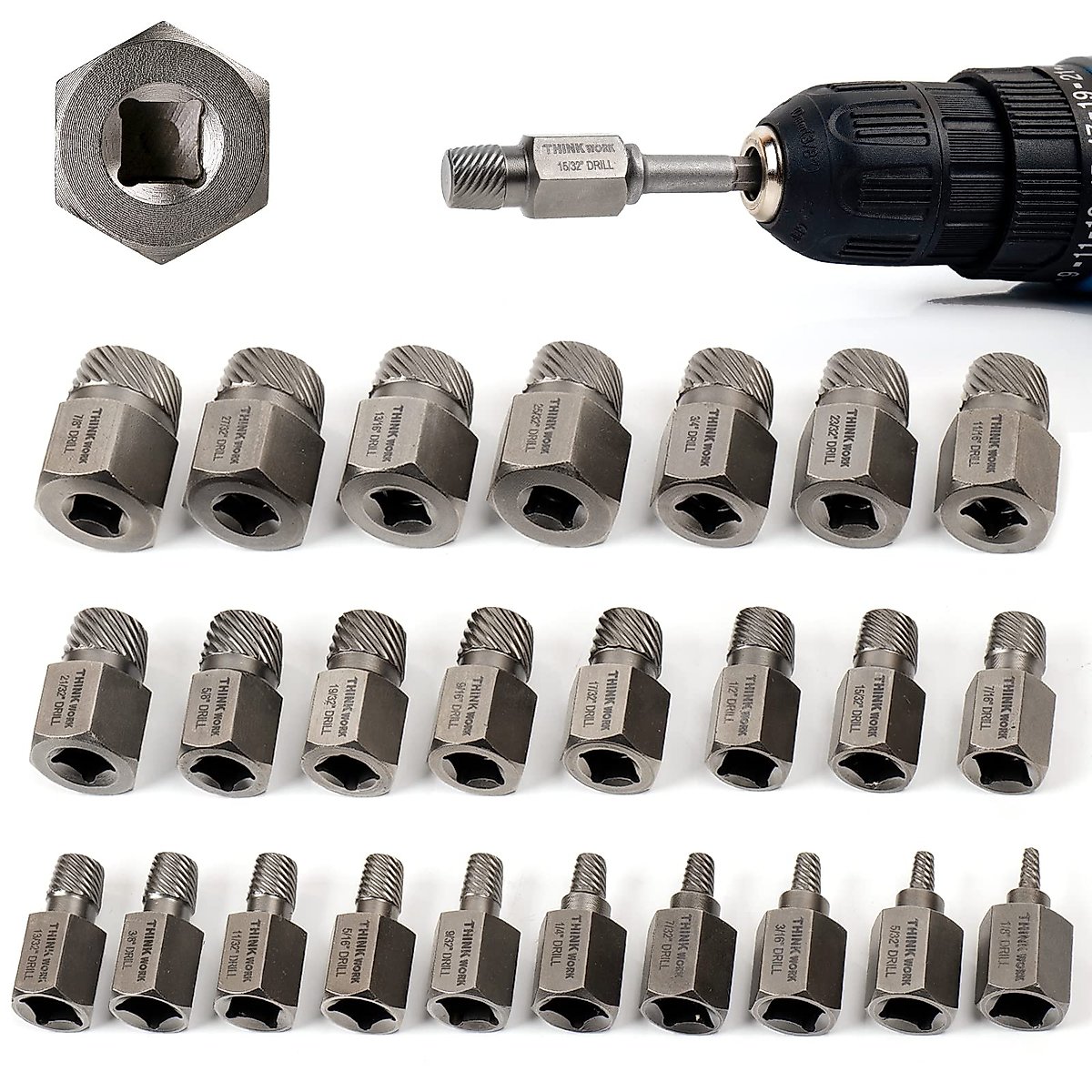 THINKWORK Upgraded Screw Extractor Set, 25-Piece 3/8" Inch Drive Easy Out Bolt Extractor Set, Multi-Spline, for Removing Broken Studs, Bolts, Screws