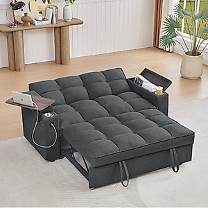 3 in 1 Queen Pull Out Sleeper Sofa Couch Bed ,Oversized Convertible Chenille Futon Loveseat Lounge Recliner with Reclining Backrest ,Storage Armrest ,USB Port,Side Table and Cupholders for Living Room
