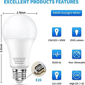 LEDERA 150 Watt LED Bulb, Energy Saving 23W Warm White Bulb 3000K, 2500 Lumens A21 LED Bulb 150W-200W, No-Flikcer E26 Medium Base for Home Office Mall Factory, Non-Dimmable, 4Pack