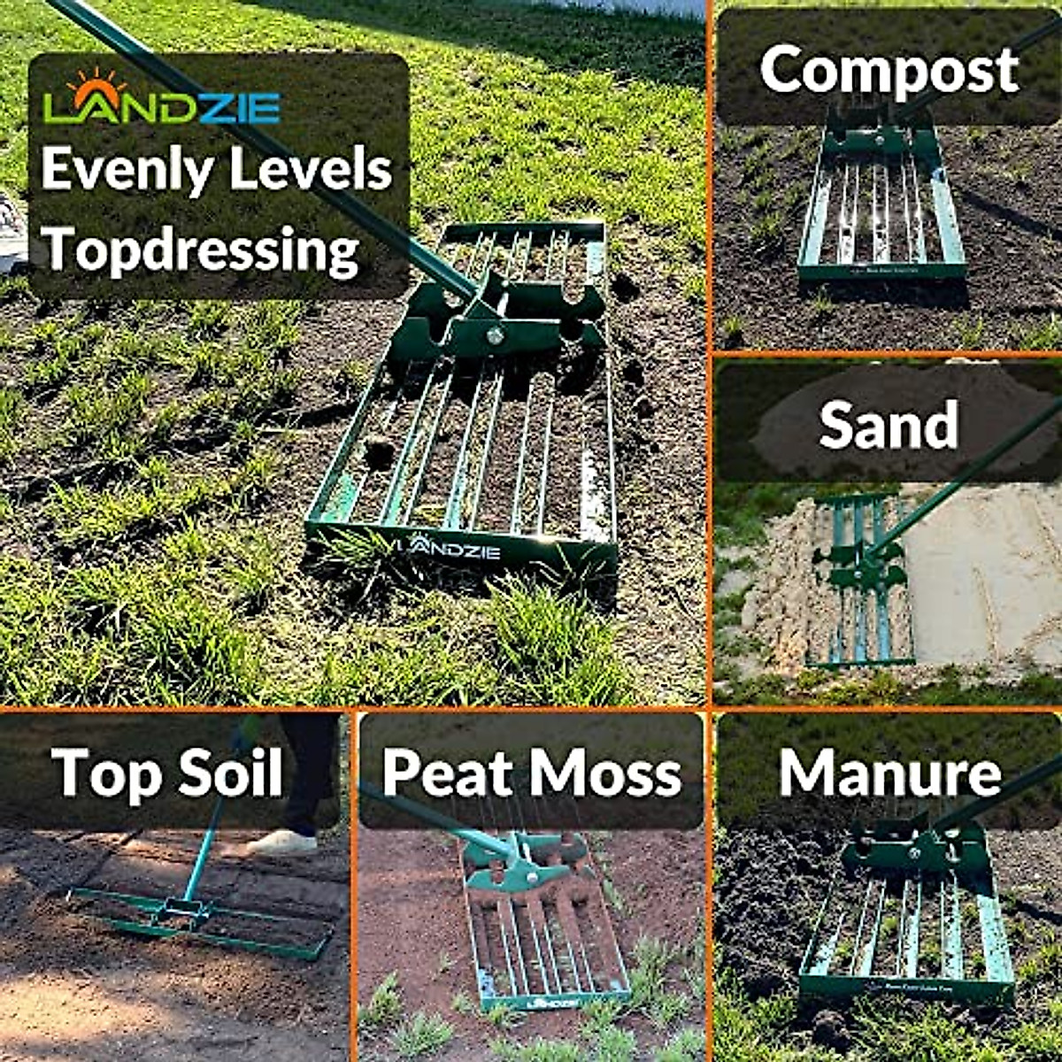 Landzie and Ryan Knorr Lawn Care 36 Inch Wide 72 Inch Handle Powder Coated Yard, Lawn, and Garden Leveler Rake with Powder Coated Finish