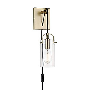 Globe Electric 51629 Nordhaven 1-Light Plug-in or Hardwire Wall Sconce, Antique Brass, Pulley Accent, Clear Glass Shade, Bulb Included