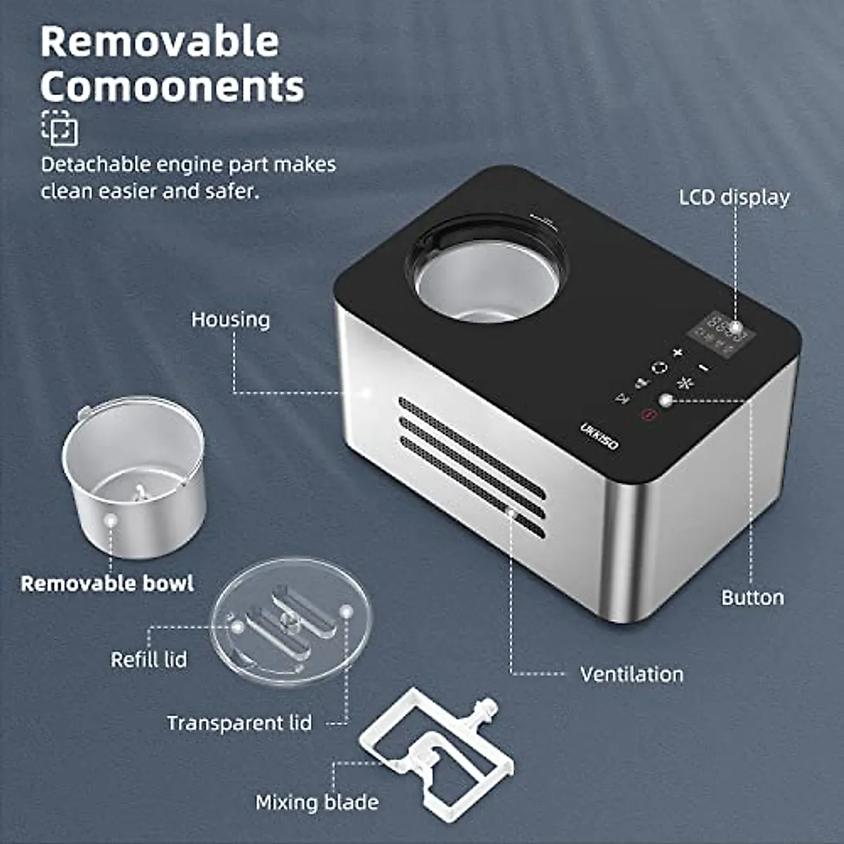 Ice Cream Maker, UKKISO 1.5 Quart Automatic Electronic Gelato Maker with 4 Operation Modes, Built-In Compressor, Portable Homemade Dessert Maker with Spoon, Ice Cream Machine for Home