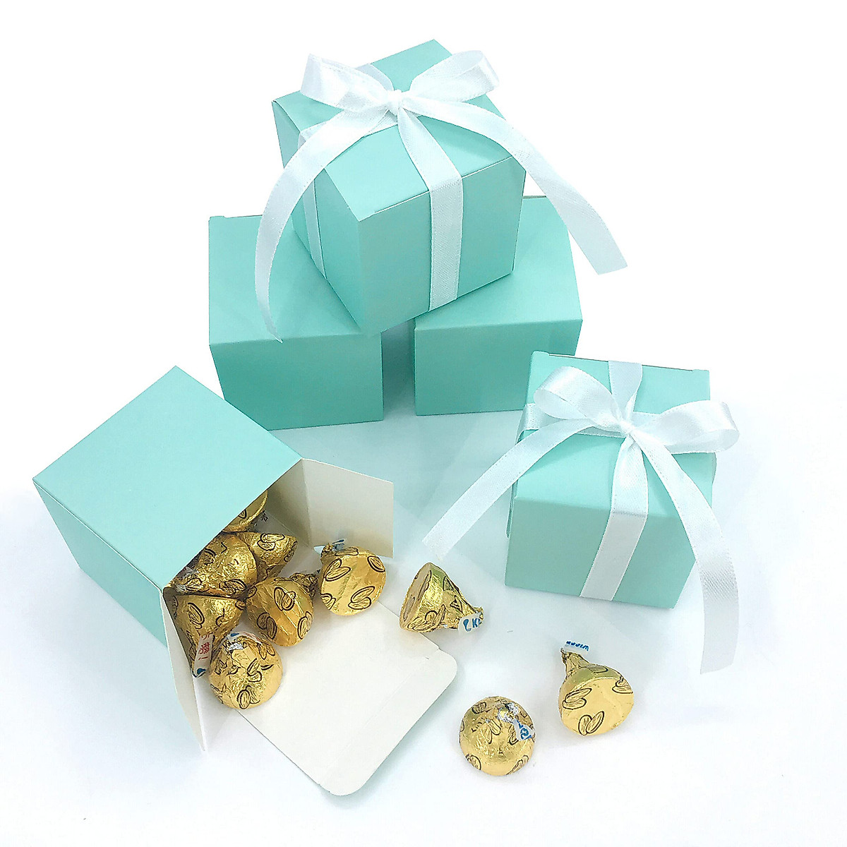 Small Cube Turquoise Candy Treat Boxes Bulk Teal Blue Gift Boxes Wedding Favors Baby Bridal Shower Birthday Party Boxes Supplies, 50pc (Aqua Blue)