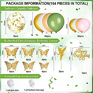 Fairy Birthday Party Decoration 154 Pieces Butterfly Balloon Garland Arch Kit Gold Olive Green Pink White Confetti Latex Balloons Gold Glitter Fairy Happy Birthday Cake Topper for Baby Shower Wedding