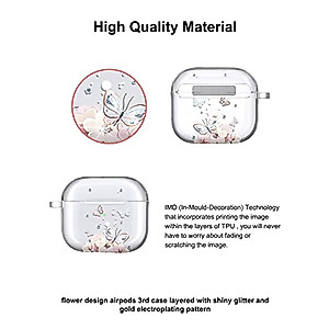 JAHOLAN AirPods 3 Case Clear Butterfly Case Cute Protective Soft Shockproof Cover with Keychain for Women Girls Compatible with AirPods 3rd Generation Wireless Charging Case - Butterfly Flower Pink