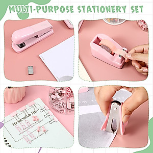 Office Supplies Set Desk Accessory Kit Include Stapler, Staples, Staple Remover, Tape Dispenser, 22 Binder Clips, 30 Paper Clips, 20 Push Pins, 2 Rolls Tape, for Women Christmas Gift (Pink)
