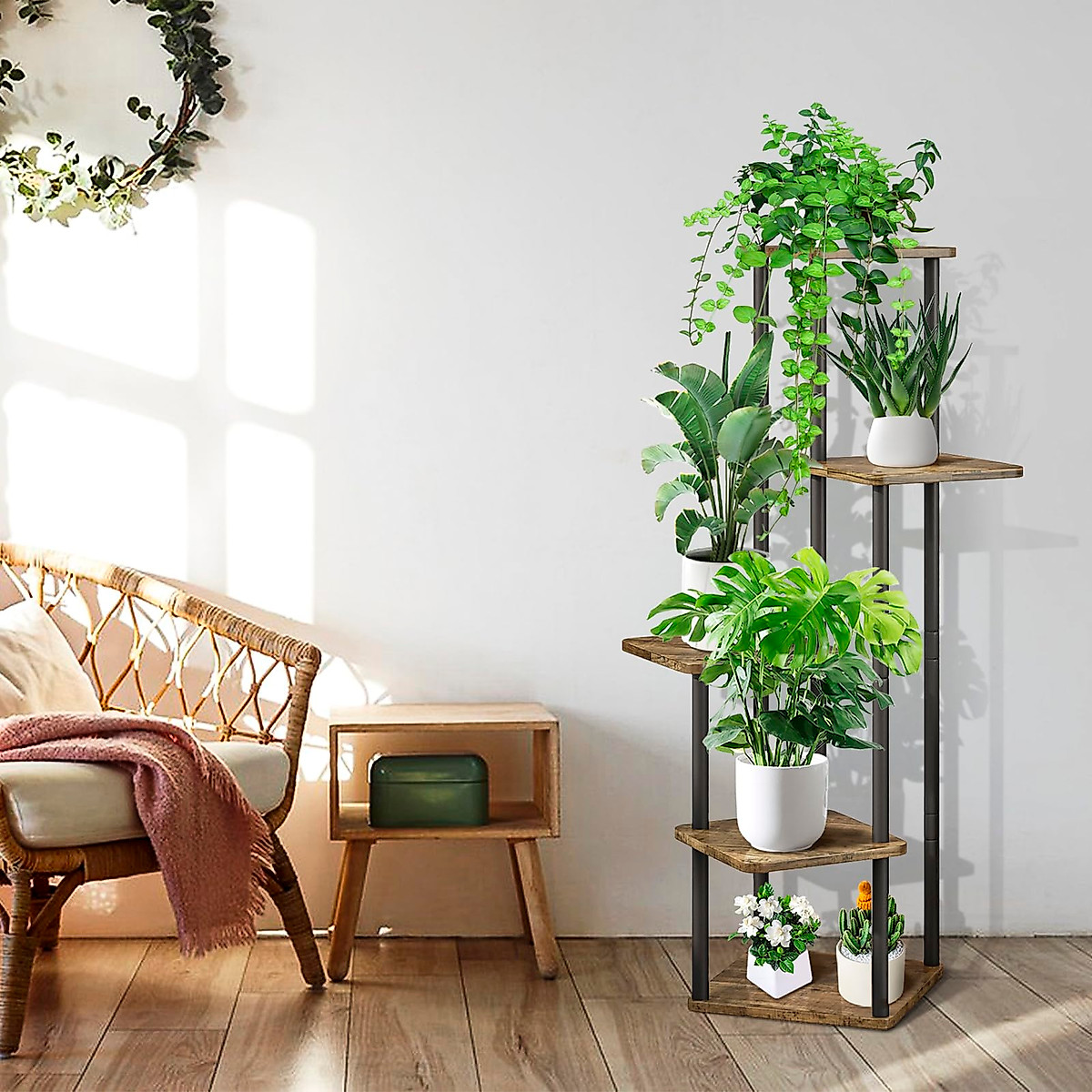 YOCOMEY 5 Tier Wood Tall Plant Stand Metal Rack Indoor, Multiple Flower Pot Holder Shelves Corner Rack, Planter Shelf Display Rack Storage Organizer for Patio Living Room Balcony Garden(Black)