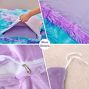 SUCSES Blue Purple Fluffy Twin Bedding Sets for Girls 3Pcs Faux Fur Plush Shaggy Kids Duvet Cover Set Twin Size Tie Dye Velvet Furry Comforter Cover Set (Blue Purple, Twin)