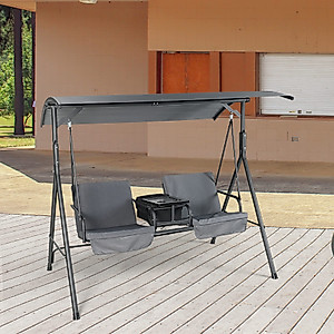OKL 2 Seat Outdoor Patio Swing Chair, Canopy Swing with Cooler Removable Cushion and Weather Resistant Steel Frame, Hanging Porch Gray