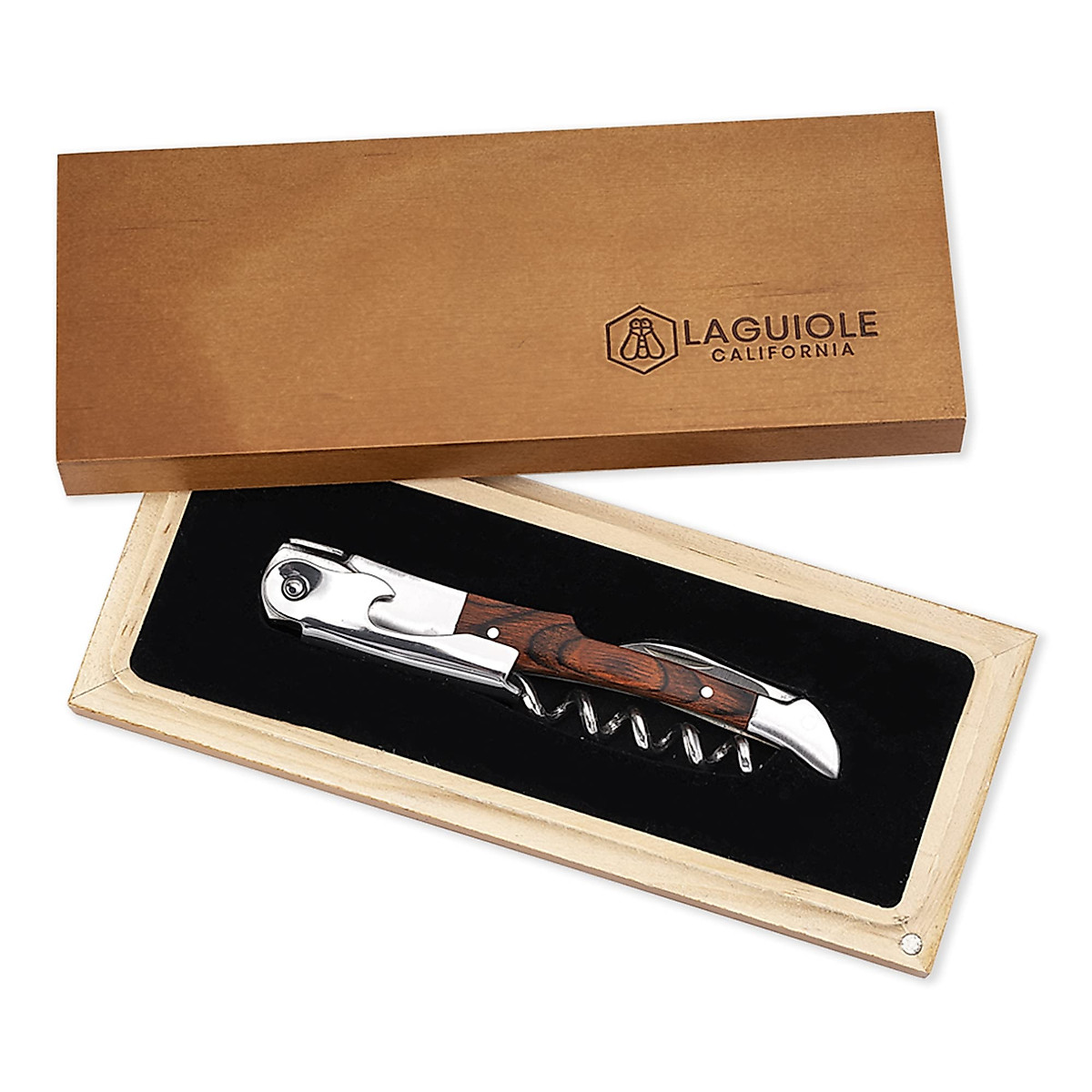 Laguiole California Waiters Corkscrew - Rosewood - Wine Bottle Opener with Ergonomic Handle for Bartenders & Gifts - Sharp Micro-Serrated Knife - Stored in a California Oakwood Gift Box