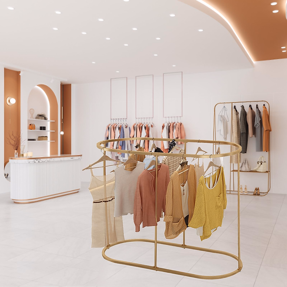 SPTZQURY Round Clothes Rack, Commercial Oval Iron Clothes Rack, Free Standing Clothes Rack, Suitable For Hanging Clothes In Bedroom, Boutique Clothing Store Display (GOLD, 47.2 * 19.6 * 55.1INCHES)