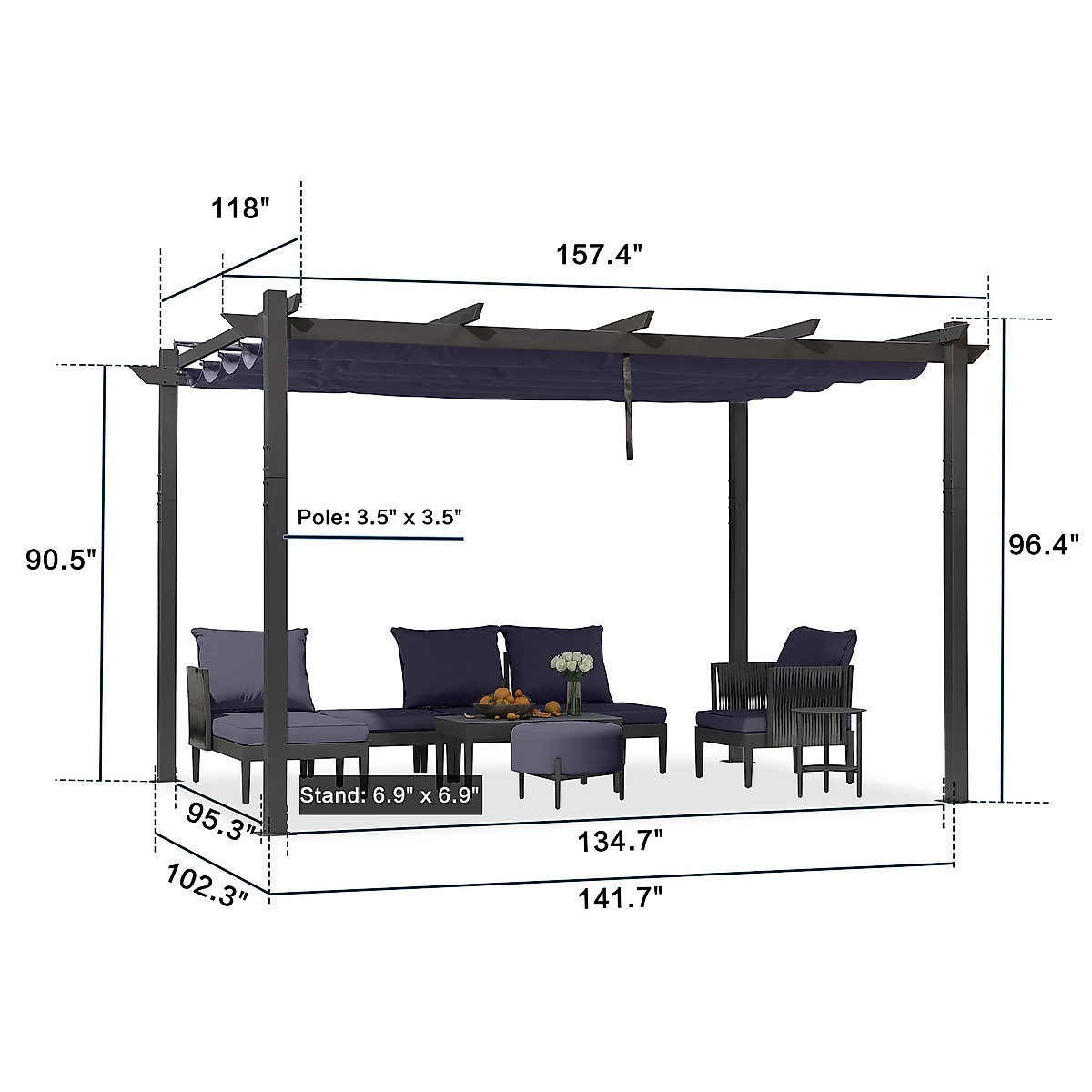 PURPLE LEAF 10’ x 13’ Patio Retractable Pergola with Double Sun Shade Canopy Outdoor Grill Gazebo for Deck Backyard Garden Modern Aluminum Pergola, Navy Blue