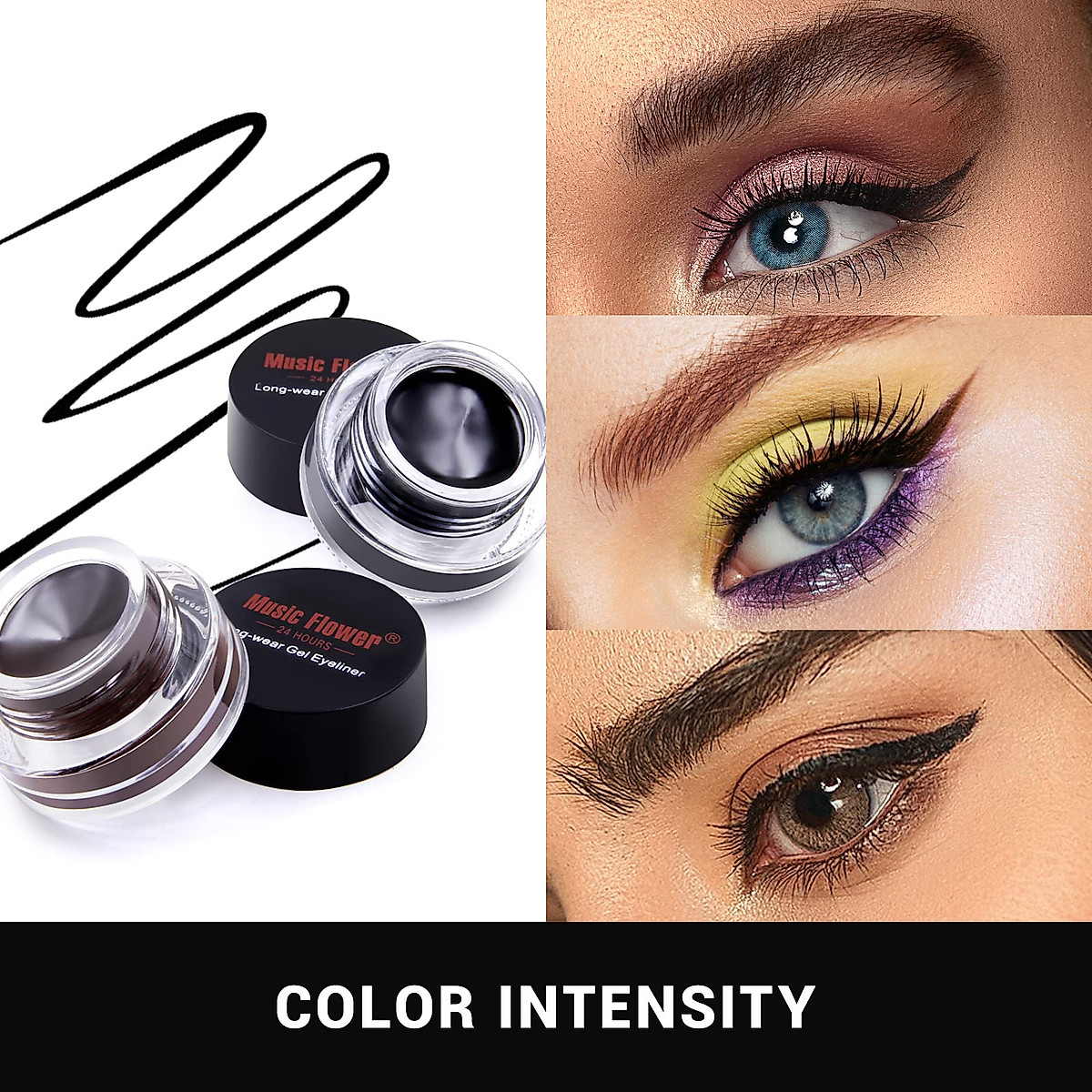 Music Flower Gel Eyeliner, Black and Brown Eyeliner Waterproof Long Lasting Smudge Proof Gel Liner with 2 Brushes, Easy to Eye Makeup and Remove, 3 g, Pack of 2