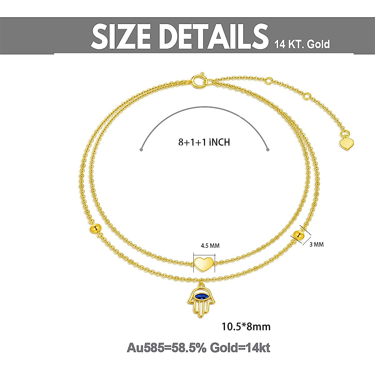 SISGEM Solid 14K Gold Layered Anklet for Women, Real Gold Evil Eye Hamas Hand Anklet Bracelet Foot Bracelet Fine Jewelry Anniversary Birthday Gifts for Her, Wife, Mom, 8''+2''