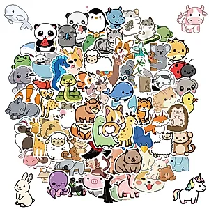 100pcs Cute Animal Stickers for Water Bottle， Waterproof Vinyl Kawaii Stickers for Laptop Phone Skateboard, Cute Animal Decals Christmas Gifts for Kids Teens Girls Boys