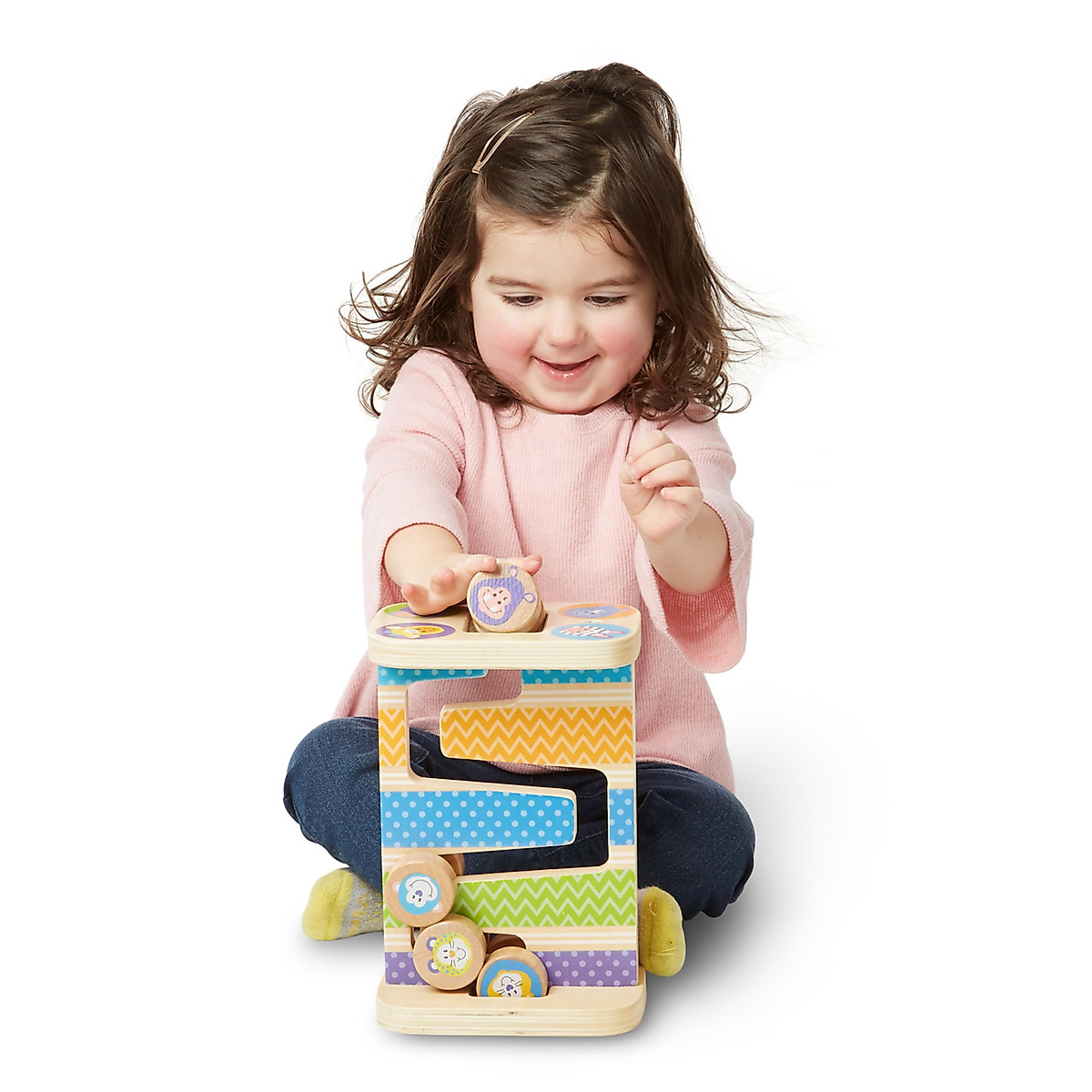 Melissa & Doug First Play Wooden Safari Zig-Zag Tower with 4 Rolling Pieces