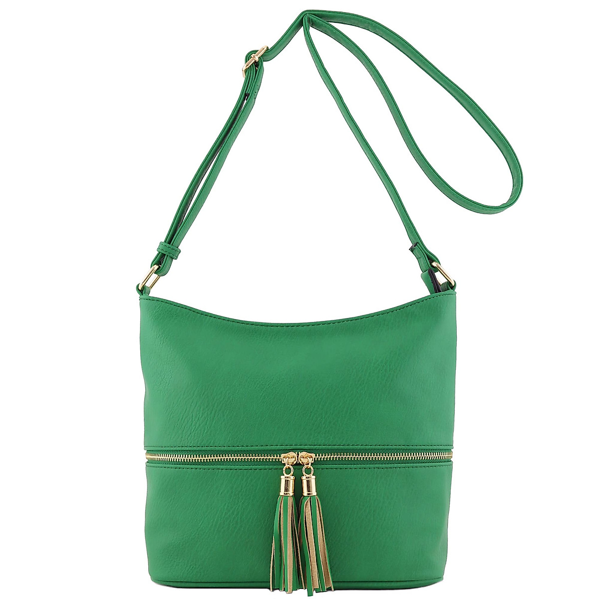 FashionPuzzle Lightweight Tassel Zipper Bucket Crossbody Bag (Kelly Green) One Size