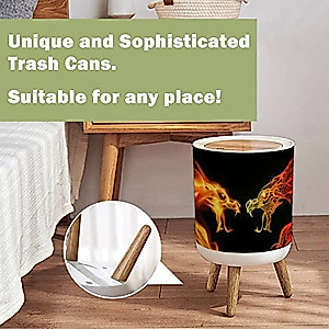 OJNR36WKPD Small Trash Can with Lid Two Dragon Heads Fire Transperent Ornaments Round Garbage Can Press Cover Wastebasket Wood Waste Bin for Bathroom Kitchen Office 7L/1.8 Gallon
