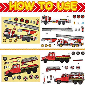 48 Sheets Truck Party Favors Make Your Own Truck Stickers Kits Bulk with 8 Designs Firefighter Red Pickup Patient Trucks Emergency Vehicle for Kindergarten, Festival Present (Fire Engine)