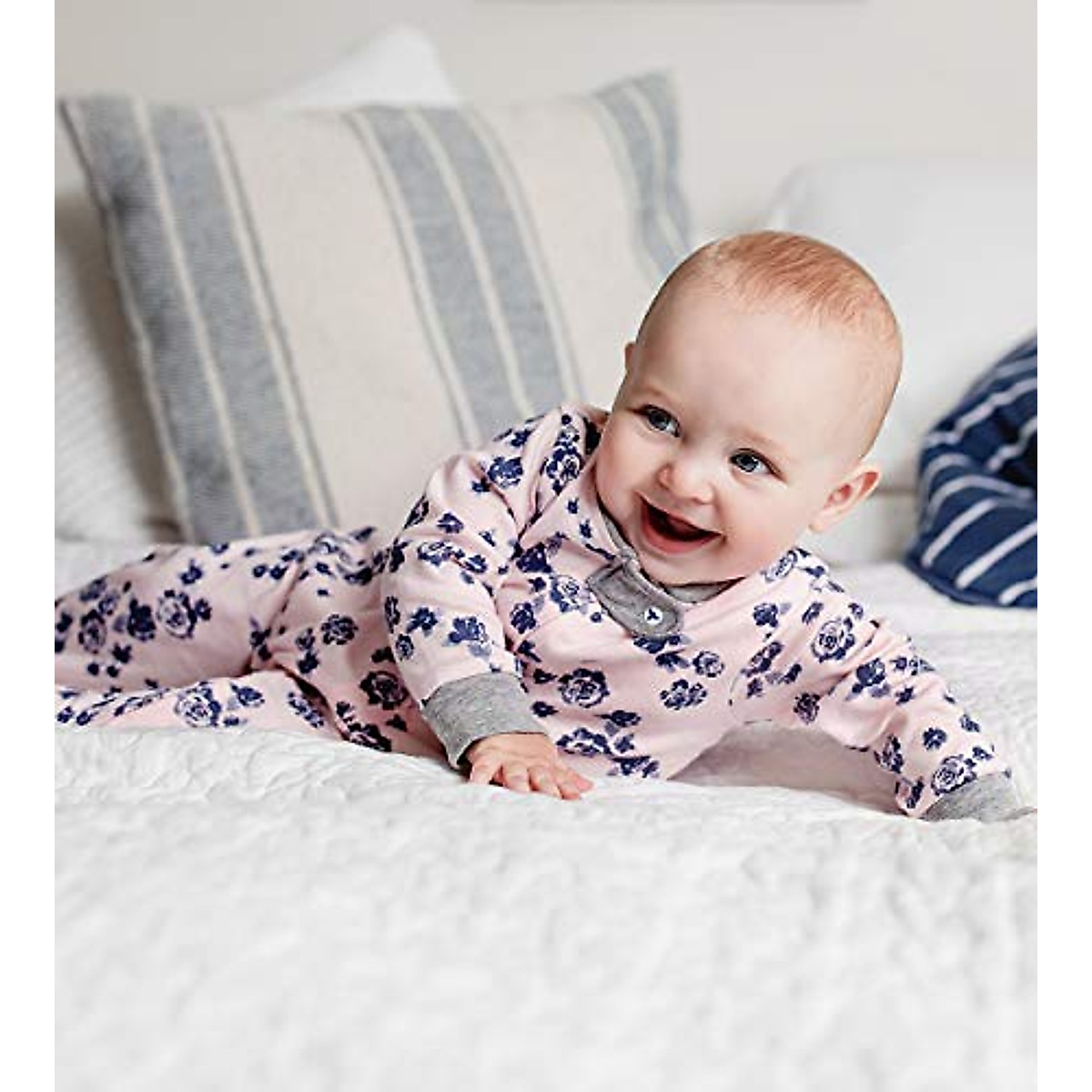 Burt's Bees Baby baby girls & Play, Organic One-piece Romper-jumpsuit Pj, Zip Front Footed Pajama and Toddler Sleepers, Indigo Flowers, 0-3 Months US