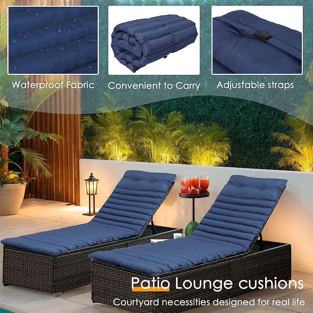 PERFECT GARDEN Chaise Lounge Cushion Outdoor Waterproof Patio Foldable Furniture Lounge Chair Cushions for Garden Patio Pool 76 * 23inch (Navy Blue, 2-Pcs Set)
