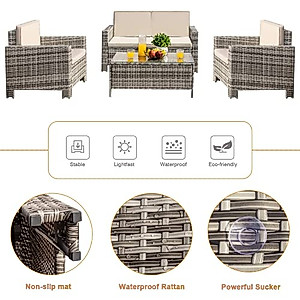 Flamaker 4 Piece Patio Furniture Outdoor Rattan Conversation Sofa Set with Patio Table and Chairs for Porch Backyard Poolside (Grey)