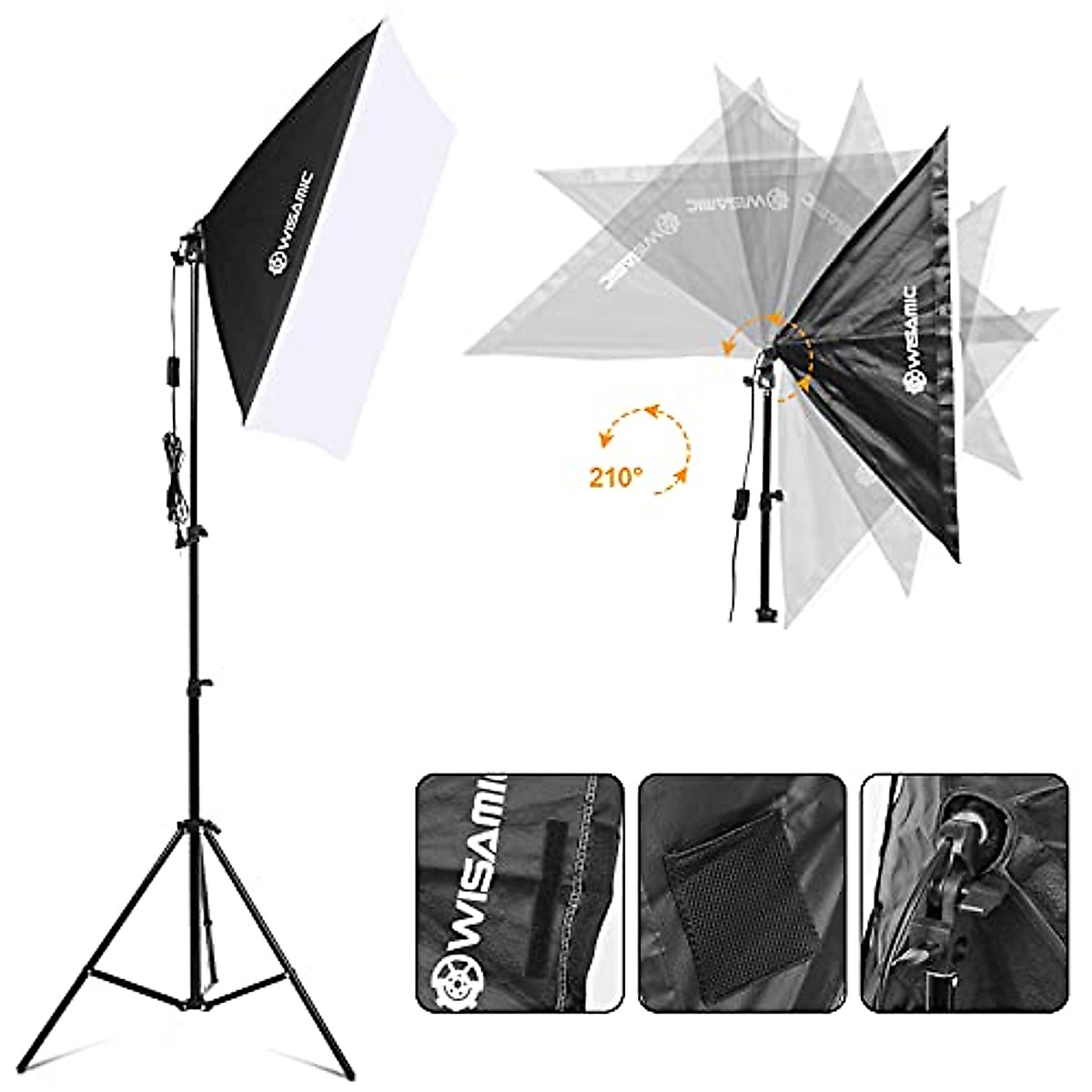 Wisamic Softbox Lighting Kit, 20X28 inch Photography Softbox Kit, 2800K-5700K 85W E27 Dimmable LED Light Head with Remote, Professional Photo Studio Equipment for Camera Product Shooting Selfie