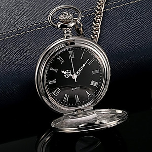 Hicarer Classic Quartz Pocket Watch with Roman Numerals Scale and Chain Belt (Silver)