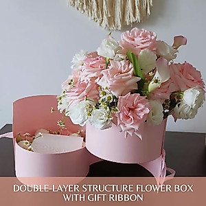 BBJ WRAPS Flower Box with Lid for Arrangements, Double Layers Rotating Drawer Luxury Round Flower Bouquet Gift Boxes Packaging, 1 Set, 7.5"(D) x 6.5"(H) (Pink)