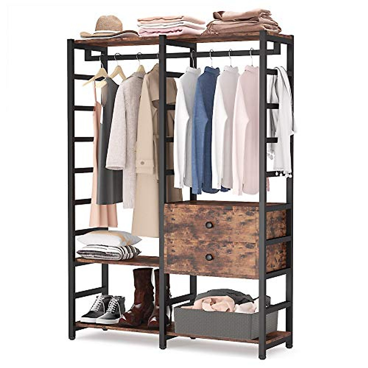 Tribesigns Free-Standing Closet Organizer, Heavy Duty Clothes Rack with Handing Bar and Shelves, Large Closet Storage & Closet Garment Rack with Drawers,Rustic