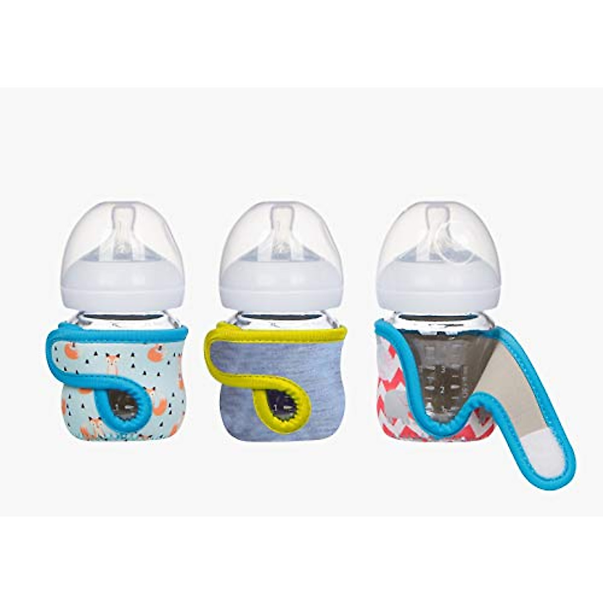 4oz (Set of 3 pcs) Miracle Bean Neoprene Baby Bottle Sleeves – Adjustable Sleeves. Glass Bottles – Improved Heat/Cold Retention – Moisture, Non-Slip Grip – Fox, Elephant and Heather Grey