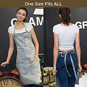 VANTOO Unisex Distressed Jean Apron with Convenient Pockets for Men and Women,White