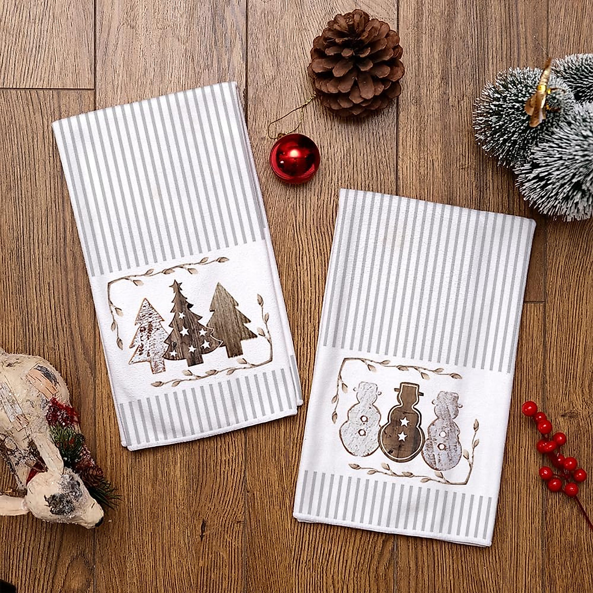 ARKENY Christmas Kitchen Towels Set of 2,Beige Xmas Tree Snowman Dish Towels 18x26 Inch,Hoilday Farmhouse Home Decoration AD098