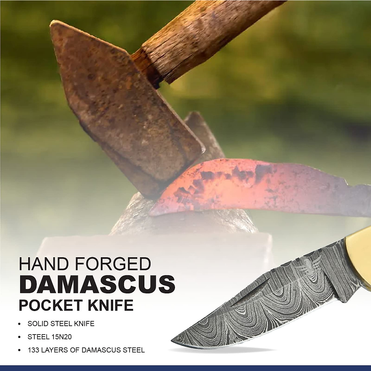 Lara Eagle Damascus Pocket Knife for Men - 133 Layer Solid Steel Handmade Folding Hunting Knives with Sharpner and Leather Pouch - Best Knife for Camping Hunting Hiking - Father’s Day Gifts for Men Husband Dad (Buffalo Horn Handle)