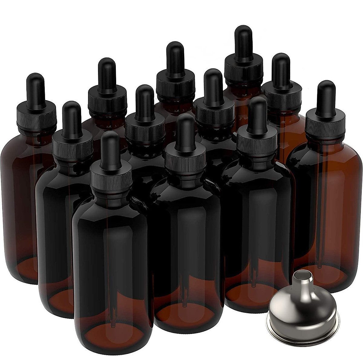 Nylea 12 Pack Essential Oil Dropper Bottles (4 oz) 120ml Round Boston Empty Refillable Amber Bottle with Glass Dropper [ Free Stainless Steel Funnel ] for Liquid Aromatherapy Fragrance Lot