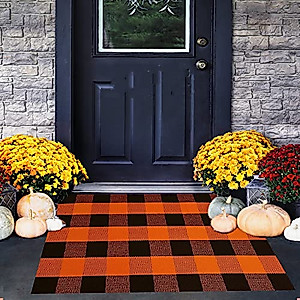 SEEKSEE Cotton Buffalo Plaid Rug 27.5"x43" Orange and Black Hand Woven Checked Rug Washable Doormats Indoor Outdoor Rugs for Layered Front Door Mats, Porch, Kitchen, Farmhouse, Entryway