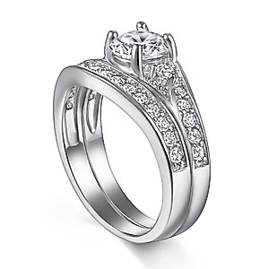 Vintage Bridal Sets Wedding Rings for Women Engagement Ring Set Platinum Plated Silver, 1 Carat Center Moissanite Wedding Ring Set Anniversary Promise Rings