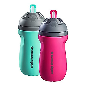 Tommee Tippee Insulated Spill-Proof Straw Cup, 12 Months+, 9oz, Toddler Training Sippy Cup, Sporty Carry Handle, Bite Resistant Spout, Pack of 2, Pink and Mint