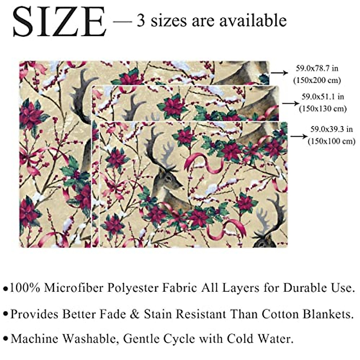 Reindeer with Flowerl Throw Blanket 59x39 Warm Soft Blankets and Throws for Sofa