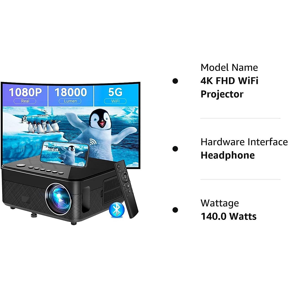 4K FHD WiFi Projector, Bluetooth Projector, 200" Portable Movie Projector, 13000 Lumens 500 ANSI Home Theater Video Projector Compatible with HDMI, USB, Laptop, iOS & Android Smartphone