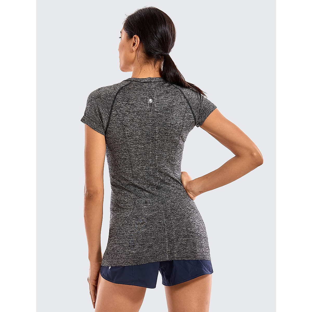 CRZ YOGA Seamless Workout Shirts for Women Short Sleeve Sports Tees Quick Dry Breathable Gym Athletic Tops Black and White Large