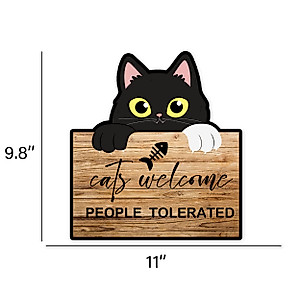 Funny Welcome Sign,Cats Welcome People Tolerated,Wooden Hanging Wall Sign,Decoration for Home Front Door,Gifts for Women Cat Lovers,Black Kitten,9.8x11 inches