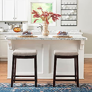 Linon Linen and Dark Backless Claridge Stool, Counter Height, Beige & Dark Walnut